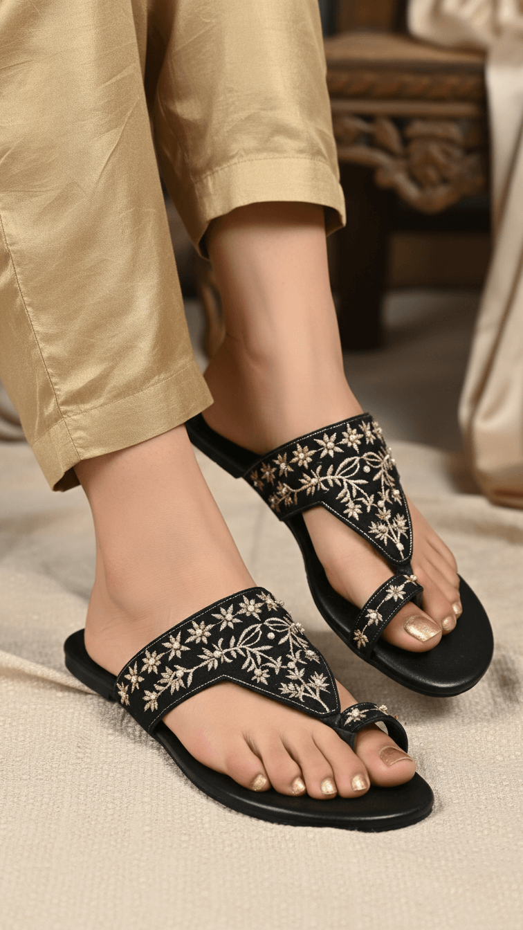 Black Ethnic Embroidered Chappal for Women EC0238