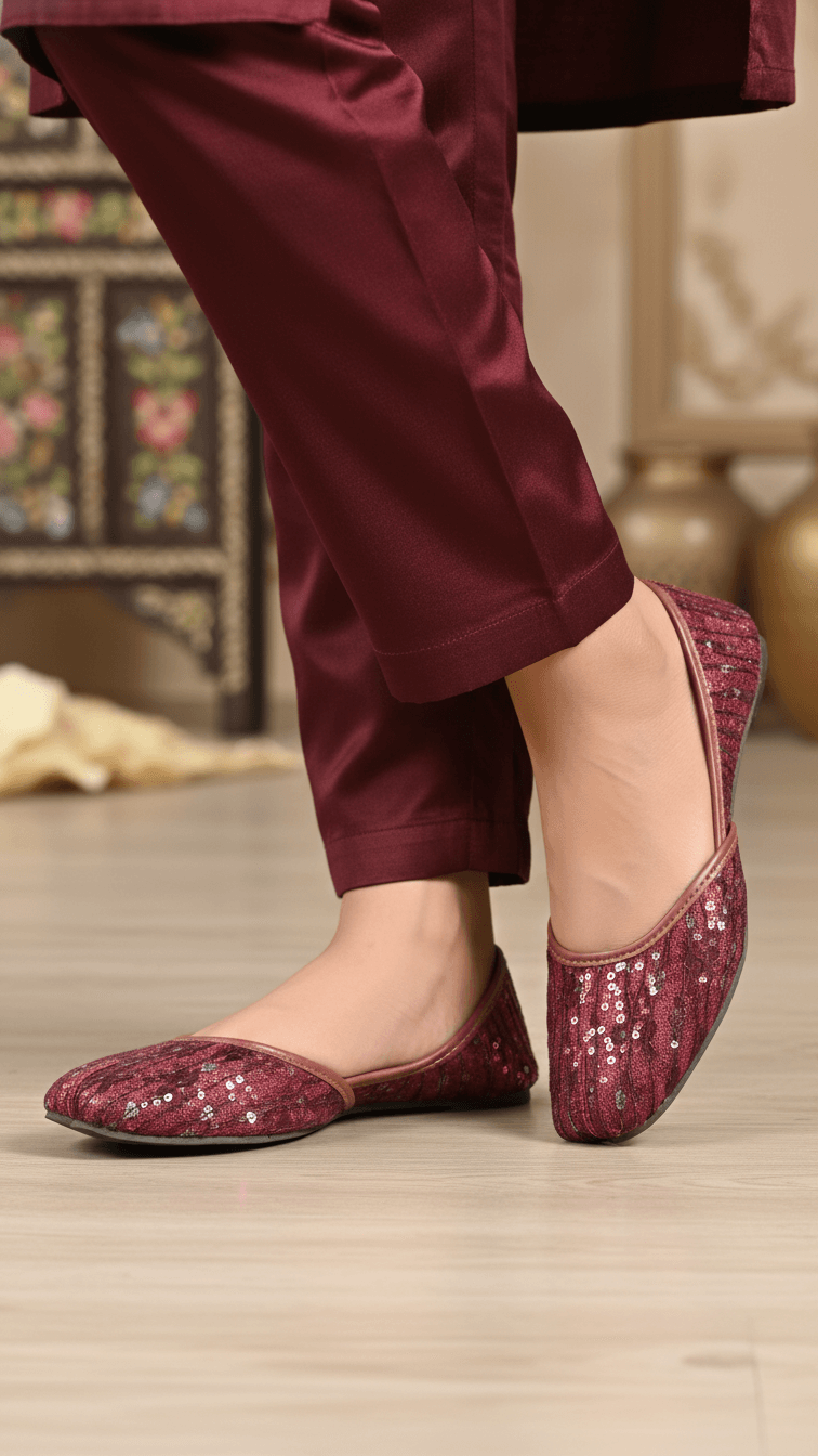 Buy Maroon Casual Khussa | Glittery Lace Ethnic Flats