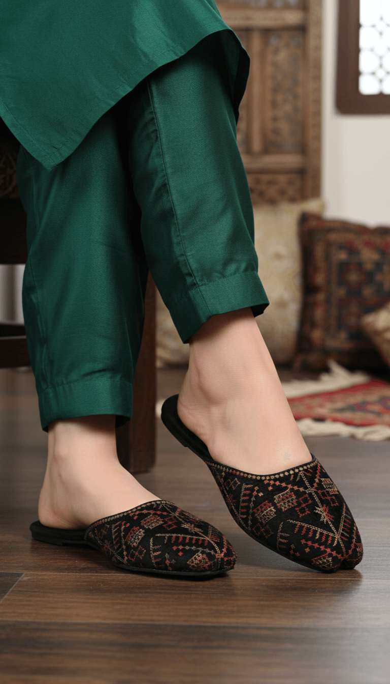 Black Ethnic Back Open Khusa for Women - Embroidered