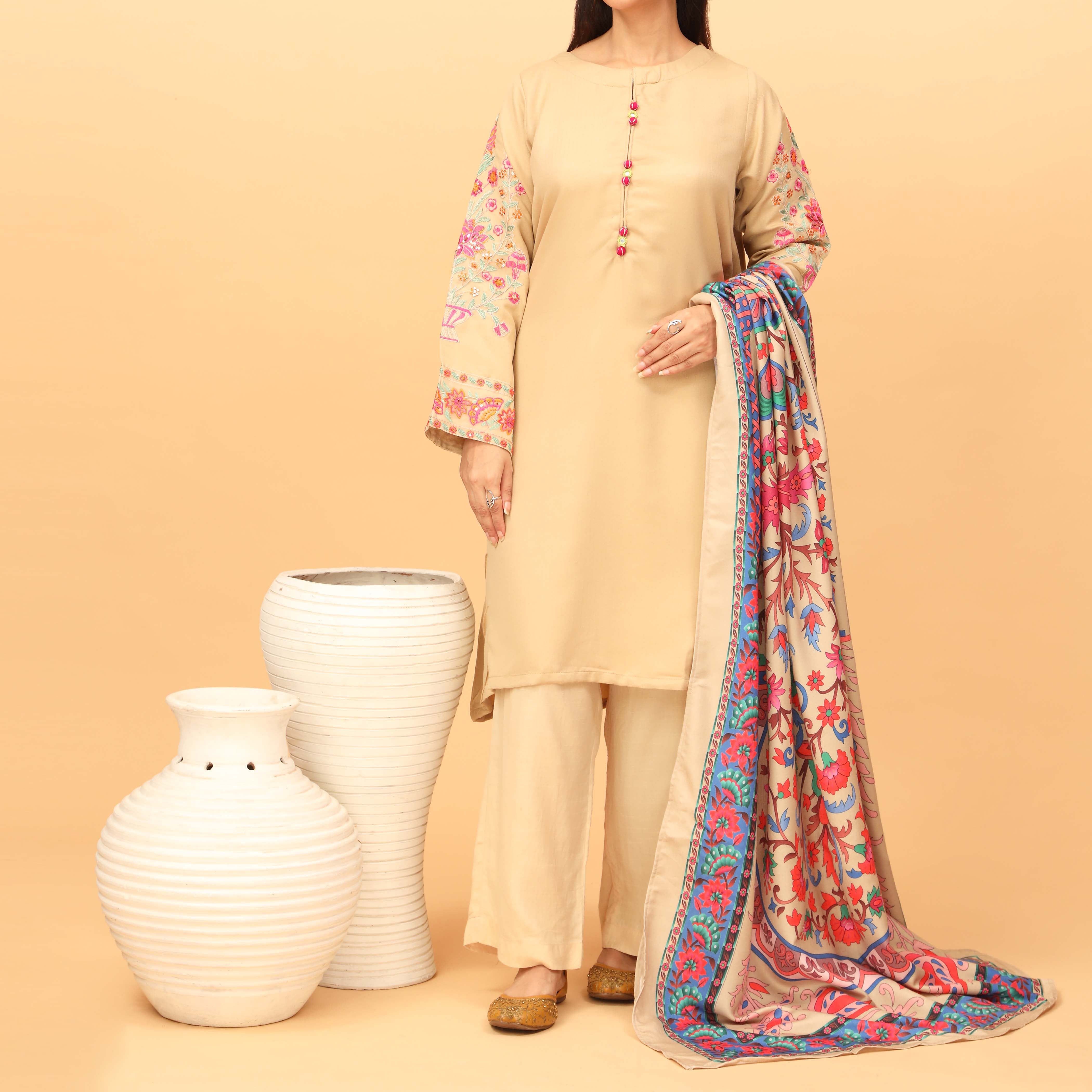 2PC- Embroidered Acrylic Shirt & Digital Printed Shawl PW3017