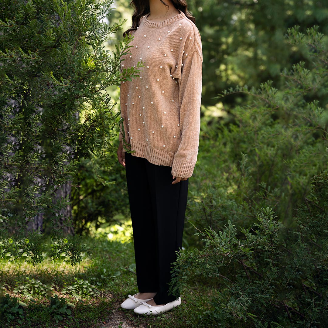 Beige Velvet Sweater with Beads on Front PW4829 – Stylo