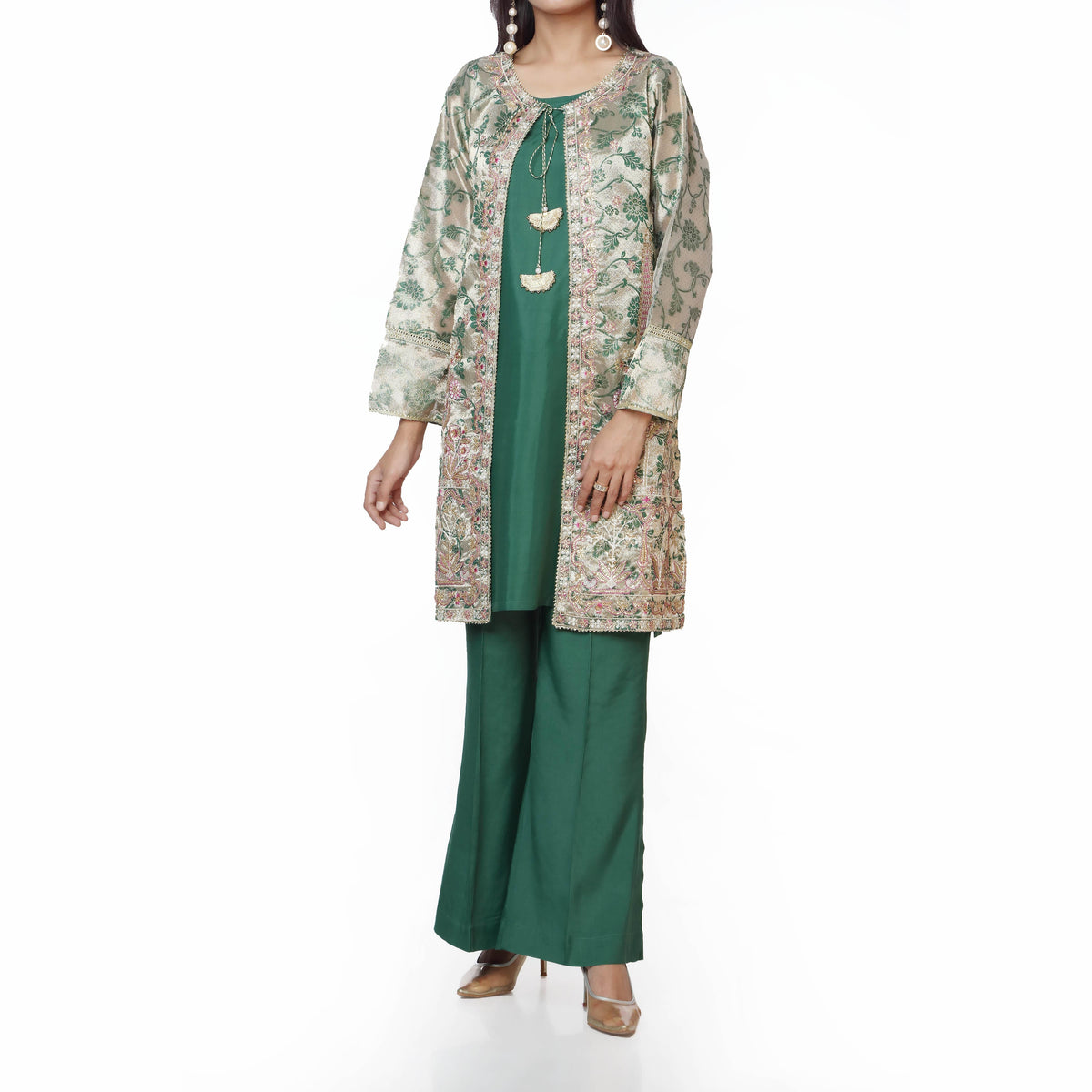 3PC-Embellished Jamawar Shirt with Raw silk Camisole & Trouser PS2301 ...